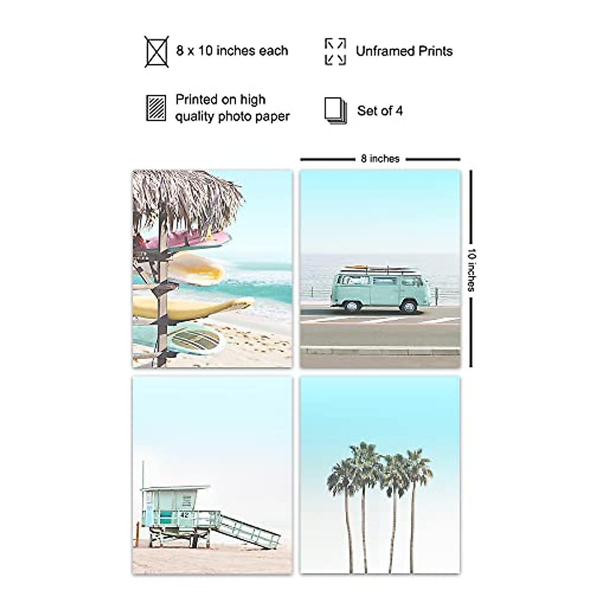 Beach Art Print Set - Tropical Palm Trees, Surfing 8x10 Wall Art Posters - Unique Home Decor for Lake or Ocean House, Bathroom, Bedroom, Living Room, Office - Gift for Surfers - Nautical Photo Poster