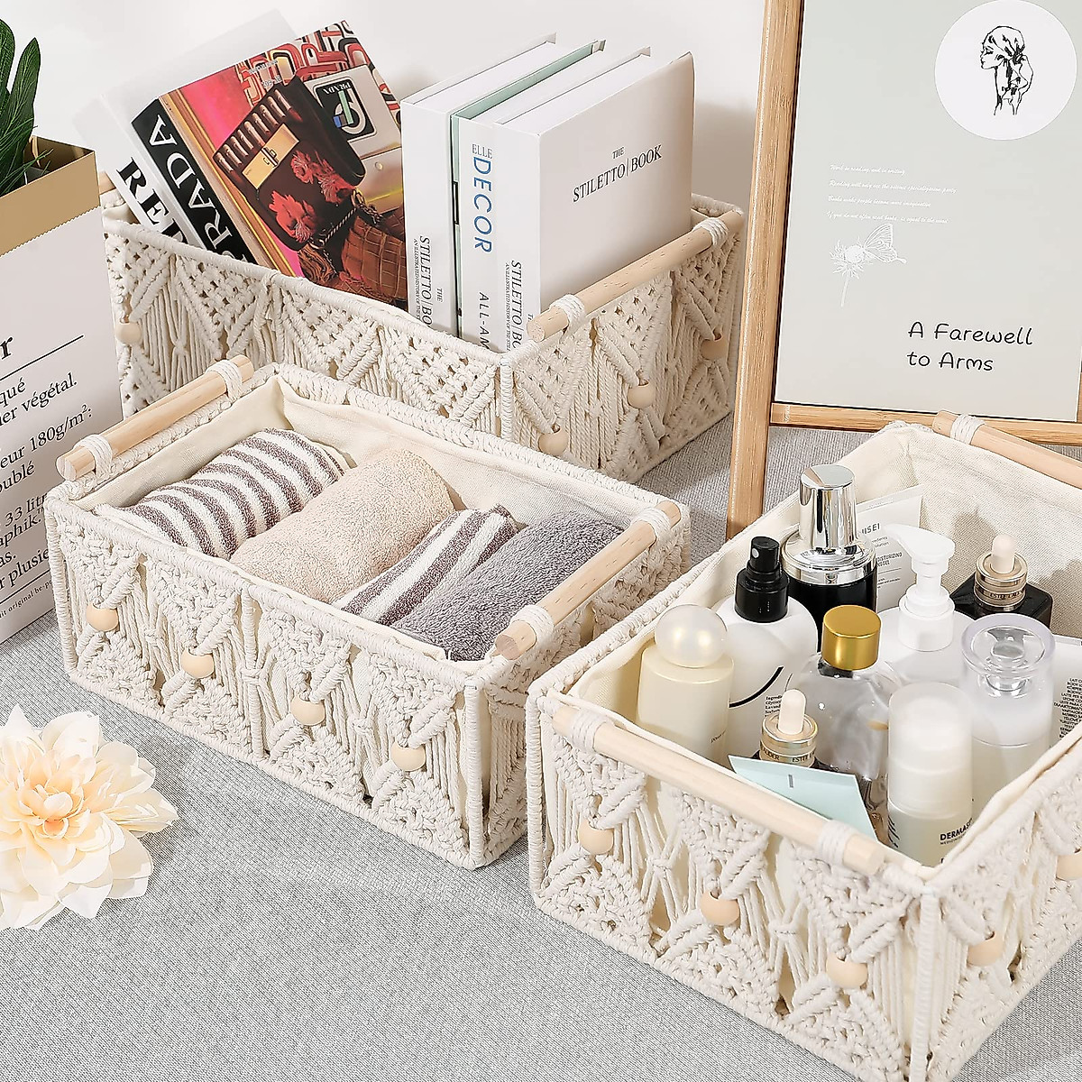 LaMorée Large Boho Macrame Storage Baskets 3 PCS Cotton Rope Hand Woven Bin Set with Natural Wooden Handles & Beads Decorative Wicker Boxes for Tabletop Book Shelf Bathroom Organizer Container