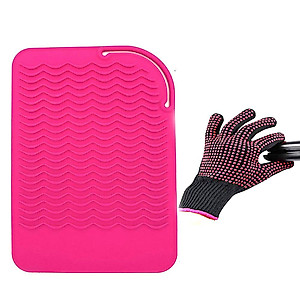 Heat Resistant Glove with Heat Resistant Mat for Curling Iron, Hair Straightener, Flat Irons, Silicone Bump Glove, 9” x 6.5” Food Grade Silicone Mat, Pink