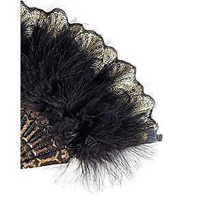 HAPPY FEATHER Embroidered Flower Marabou Feather Fan, 1920s Vintage Style Flapper Hand Fan for Costume Party Dancing-Black
