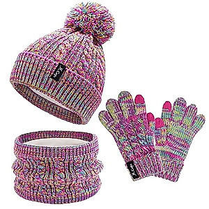 Toddler Kids Winter Hat Scarf Touchscreen Gloves Set 3-6-12 Year Old Knit Pom Beanie Hats Neck Warmer Gifts for Girls Boys