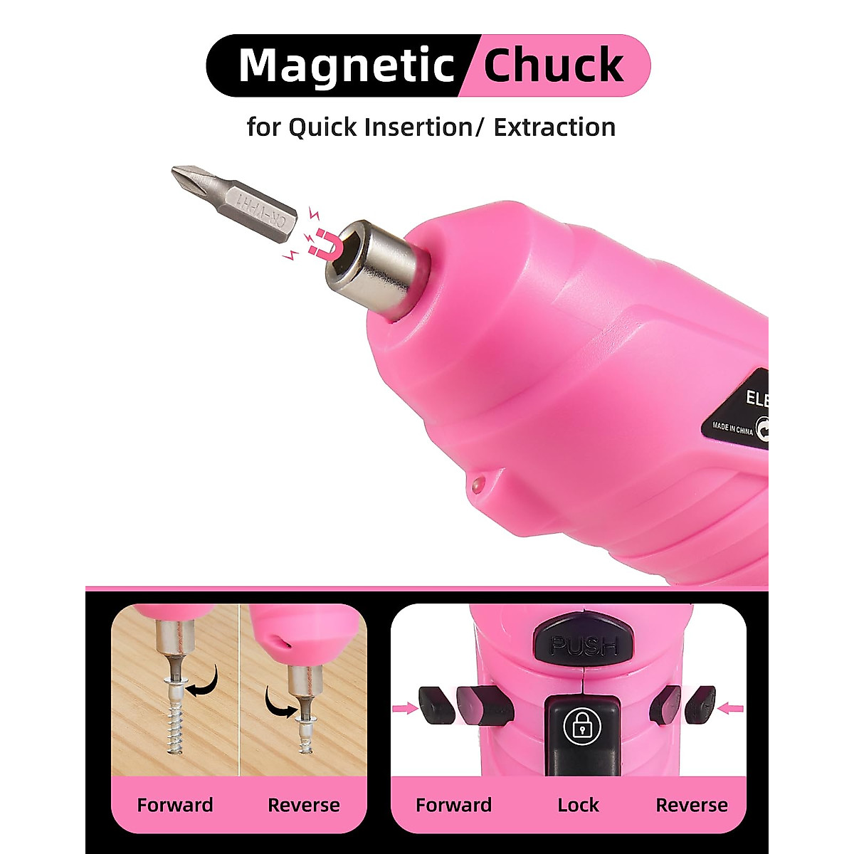 Durofort Pink Cordless Electric Screwdriver Set, 4.1V Rechargeable Small Electric Drill with 48pcs Driver Bit Set, Power 3Nm Screw Gun with 2 Position Handle, Flexible Shaft LED Light for Women