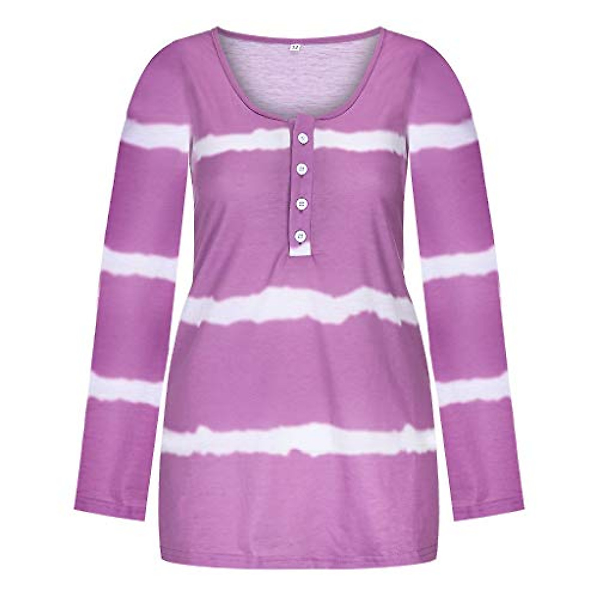 ESKNAS Womens Pullover Tops Autumn Tie-Dye Stripe Print Long Sleeve T-Shirts Button Scoop Neck-Henley Shirts (Purple,L)