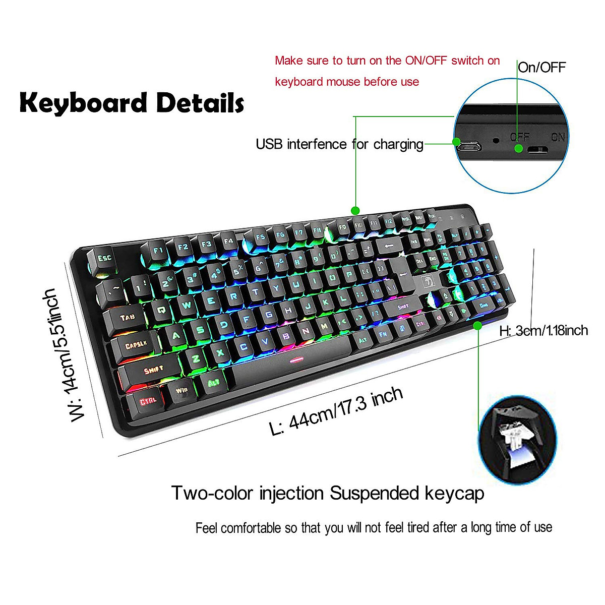 Wireless Rechargeable Backlit Keyboard and Mouse Combo,Soke-Six 2.4G Full-Size Mechanical Feel Gaming Keyboards with USB 2400DPl Mice,Adjustable Breathing Lamp,Anti-Ghosting (Black& Mix Light)