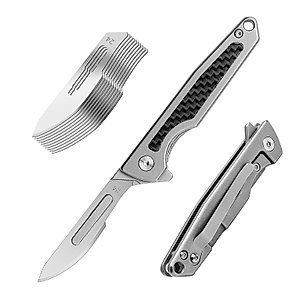 ITOKEY Titanium Folding Scalpel, Slim Razor Knife with Frame Lock, 10pcs #24 Replaceable Carbon Steel Blades, EDC Utility Pocket Knife with Clip, Surgical Keychain Knives for Men Hunting Skinning Outdoor (#24)