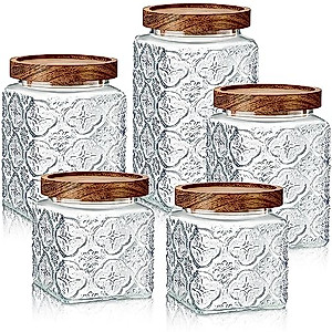 Gerrii 5 Pcs Vintage Glass Food Storage Containers 17/24/34 oz Glass Jar with Lid Begonia Pattern Glass Airtight Candy Jar Food Jars Canisters for Kitchen Counter Pantry Coffee Tea Beans (Square)