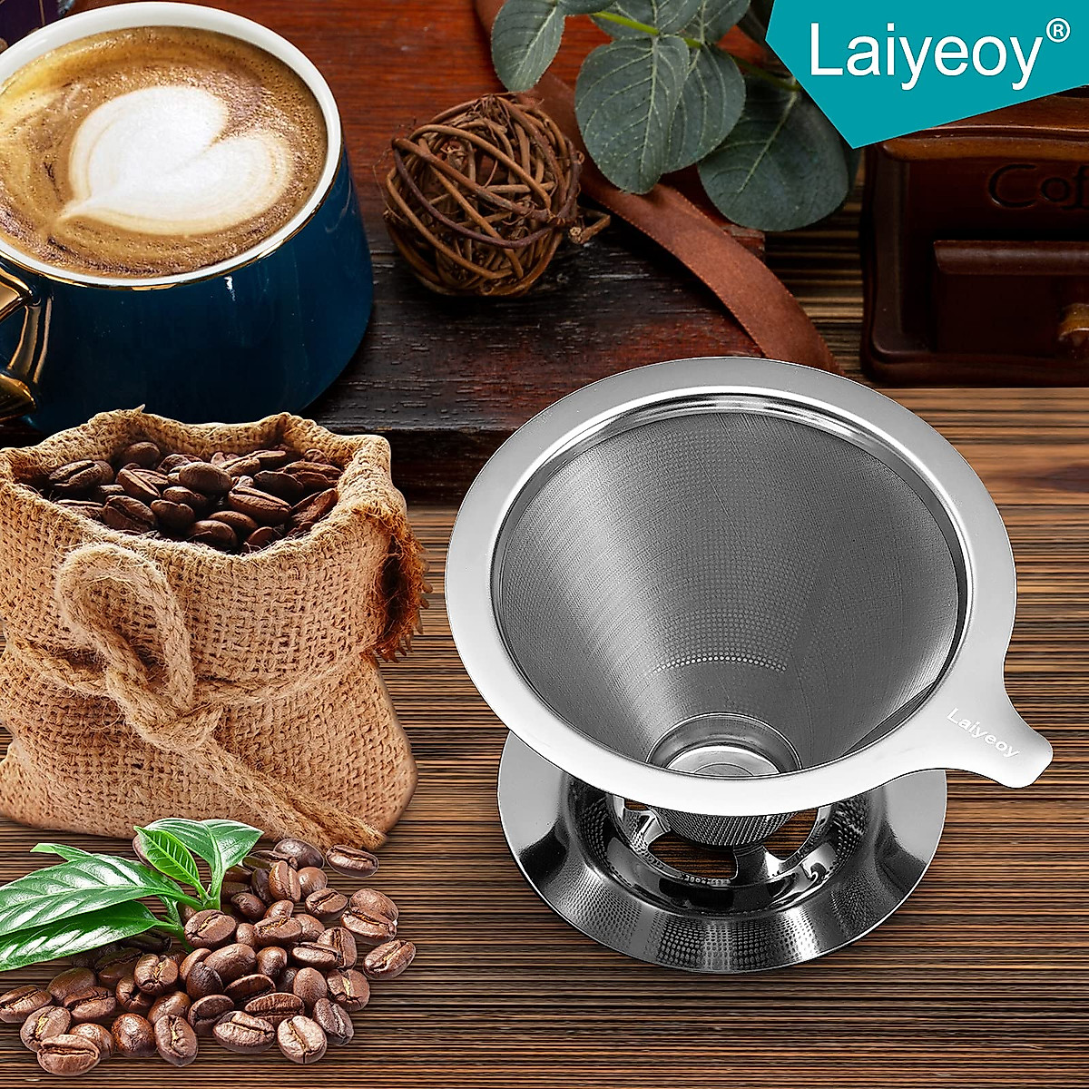 Laiyeoy Pour Over Coffee Dripper, Slow Drip Paperless Coffee Filter, Stainless Steel Pour Over Coffee Maker for Single Cup Brew, Double Mesh Design of Manual Reusable Cone Filter.