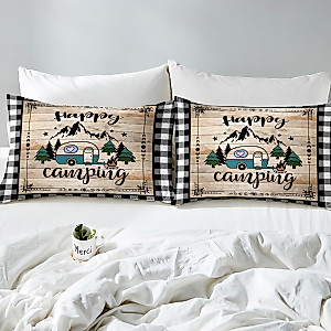 Camp Travel Car Duvet Cover Balck and White Buffalo Plaid Queen Bedding Sets for Girls, Camping Decor for Camper Comforter Cover, Vintage Brown Barn Door Plank Cottage Cabin Farmhouse Decor