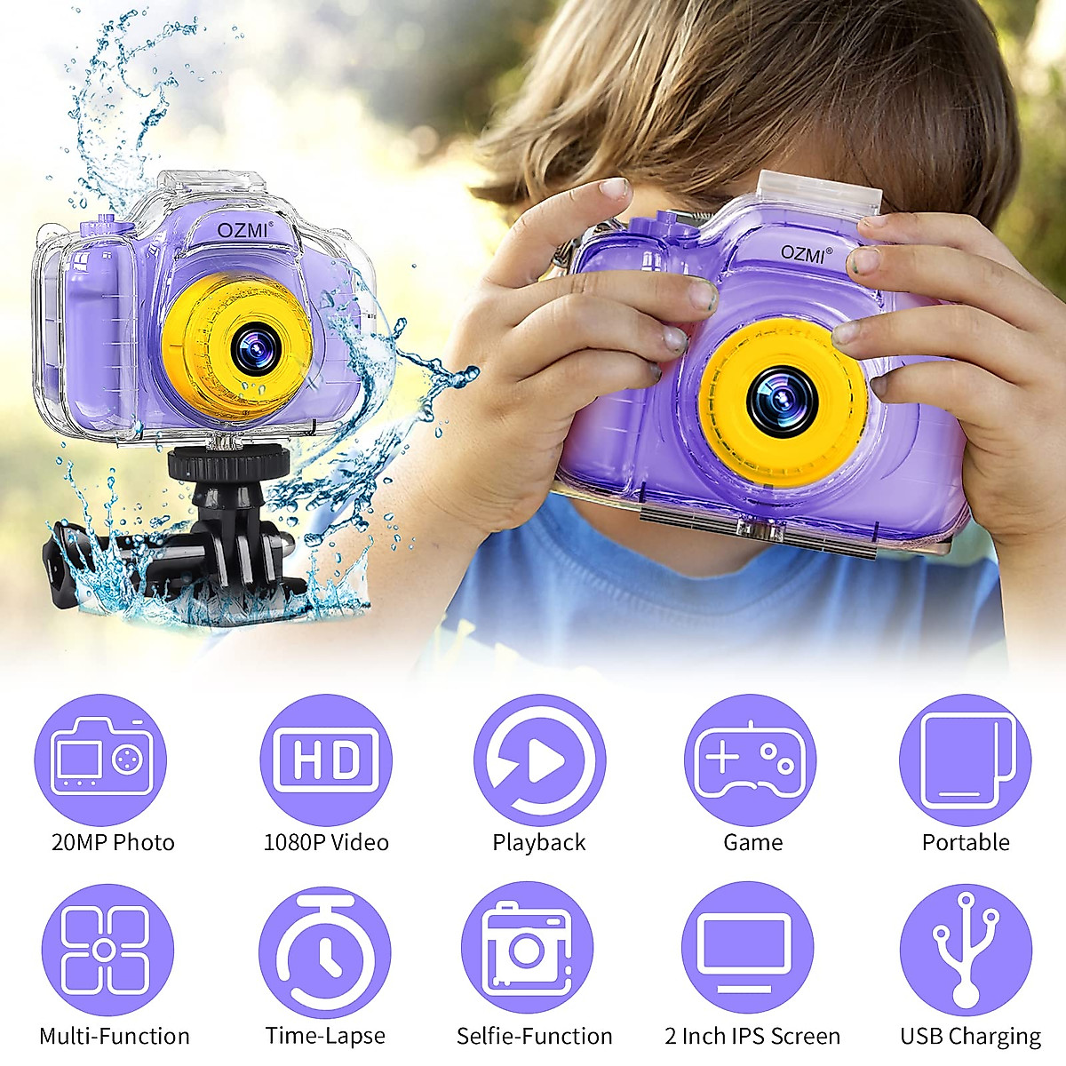 OZMI Gifts for 3 4 5 6 7 8 9 Year Old Girls Boys, Kids Selfie Underwater Waterproof Camera, Christmas Birthday Gifts for Toddler, Children Action Video Recorder Camera with 32GB SD Card, Purple