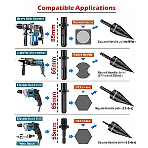 Firewood Drill Bit Wood Log Splitter,5 PCS Kindling Splitting Drills Wedge Tool Removable Logs Splitters Cone Wedges Electric Driver Bits Heavy Duty Hex+Square+Round+Small Hex Shank