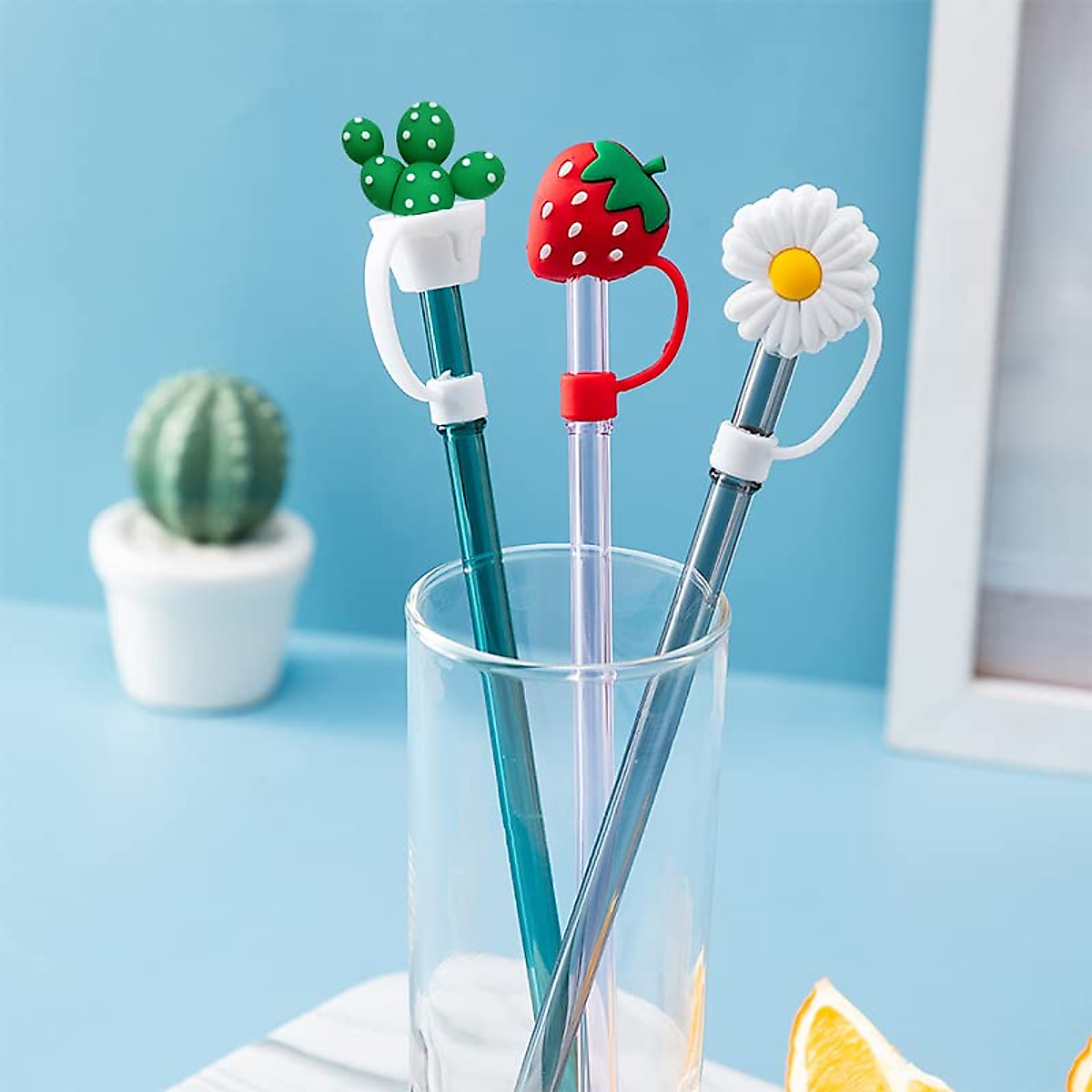8pcs Straw Covers Cap for 0.4 inch/10mm Straws, Dust-Proof Straw Cap Tip Silicone Toppers Cartoon Reusable Plugs for Tumblers