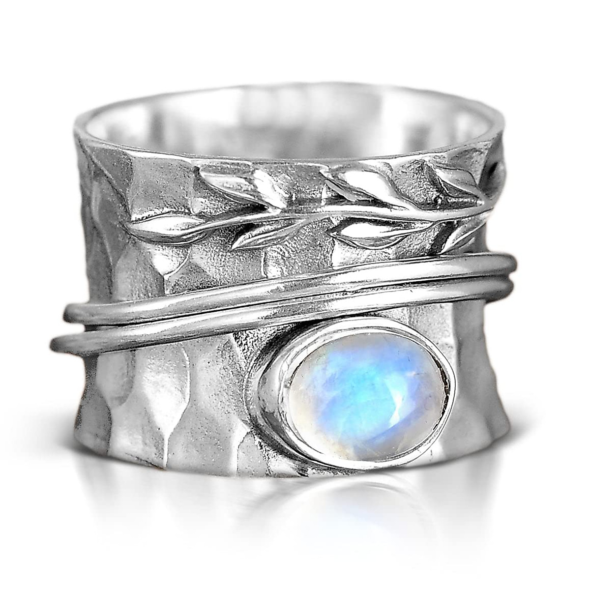 Boho-Magic 925 Sterling Silver Leaf Spinner Fidget Ring for Women with Moonstone Gemstone (9)