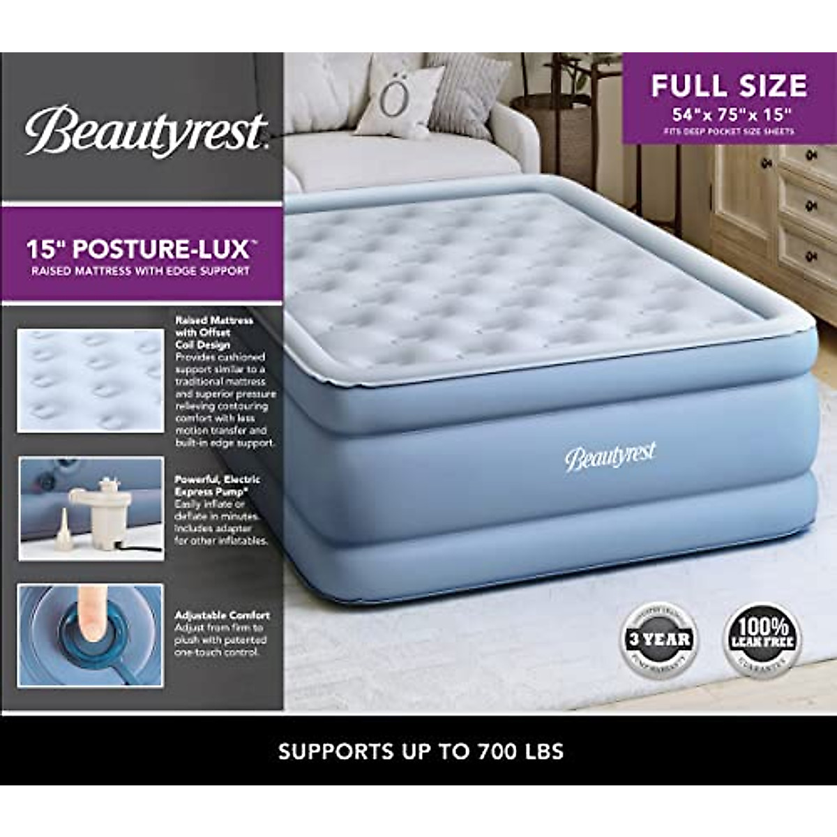 Beautyrest Posture Lux Air Bed Mattress with Express Pump and Raised Edge Support, 15" Full