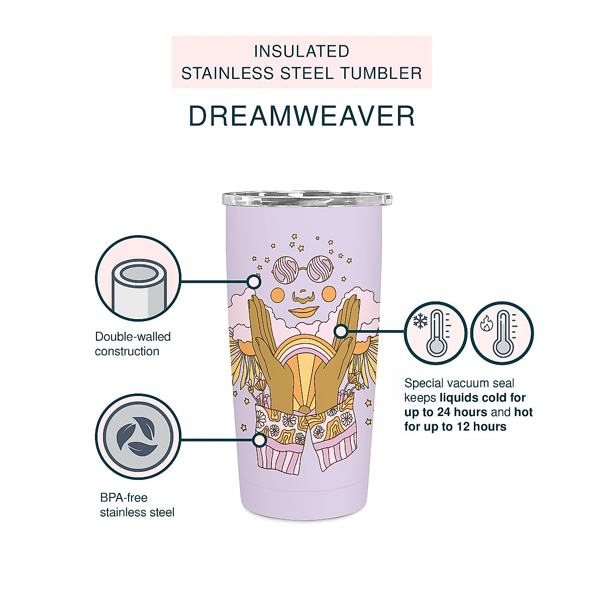 Studio Oh! Insulated Stainless-Steel Tumbler - Double-Walled 17-Ounce Travel Cup - Vacuum Seal Keeps Liquids Hot or Cold for Hours - Fits Standard Size Cup Holders - Dreamweaver
