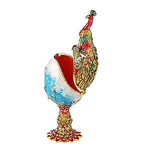 QIFU Vintage Blue Peacock Faberge Egg Style Trinket Box Hinged, Unique Gift for Family