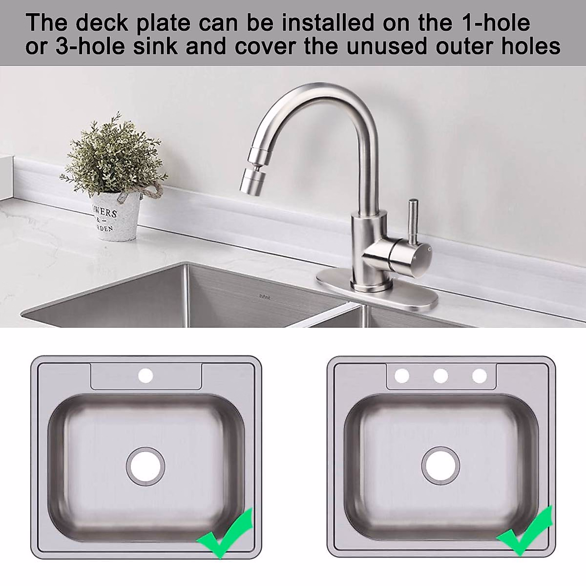 KWODE 10 Inch Single Hole Cover Deck Plate, Escutcheon Plate Stainless Steel Kitchen Sink Faucet Cover Plate for 1 or 3 Hole Bathroom Vanity Sink Faucet, Covering Unused Mounting Holes