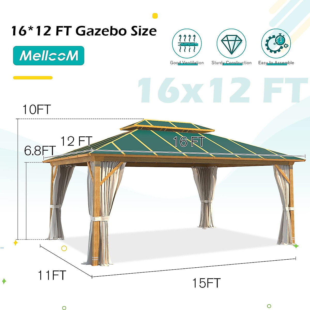 MELLCOM 12' x 16' Hardtop Gazebo, Wooden Grain Coated Aluminum Frame Outdoor Gazebo with Aluminum Double Roof, Claret Metal Gazebo with Curtains and Nettings for Patios, Gardens, Lawns