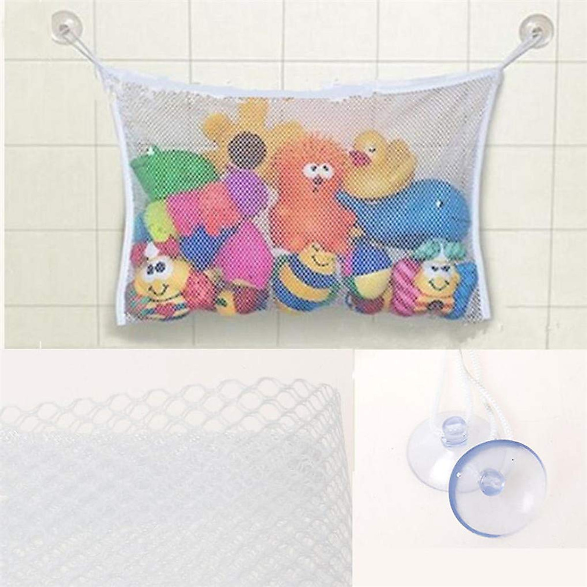 Timesuper Bath Toy Organizer Hanging Storage Mesh Bags with Strong Suction Cups Hooks,45x35cm