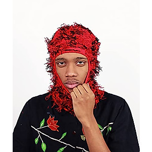 Atakai Balaclava Distressed Knitted Full Face Ski Mask Winter Windproof Neck Warmer for Men Women One Size Fits All, Yeat Inspired (Red Storm)