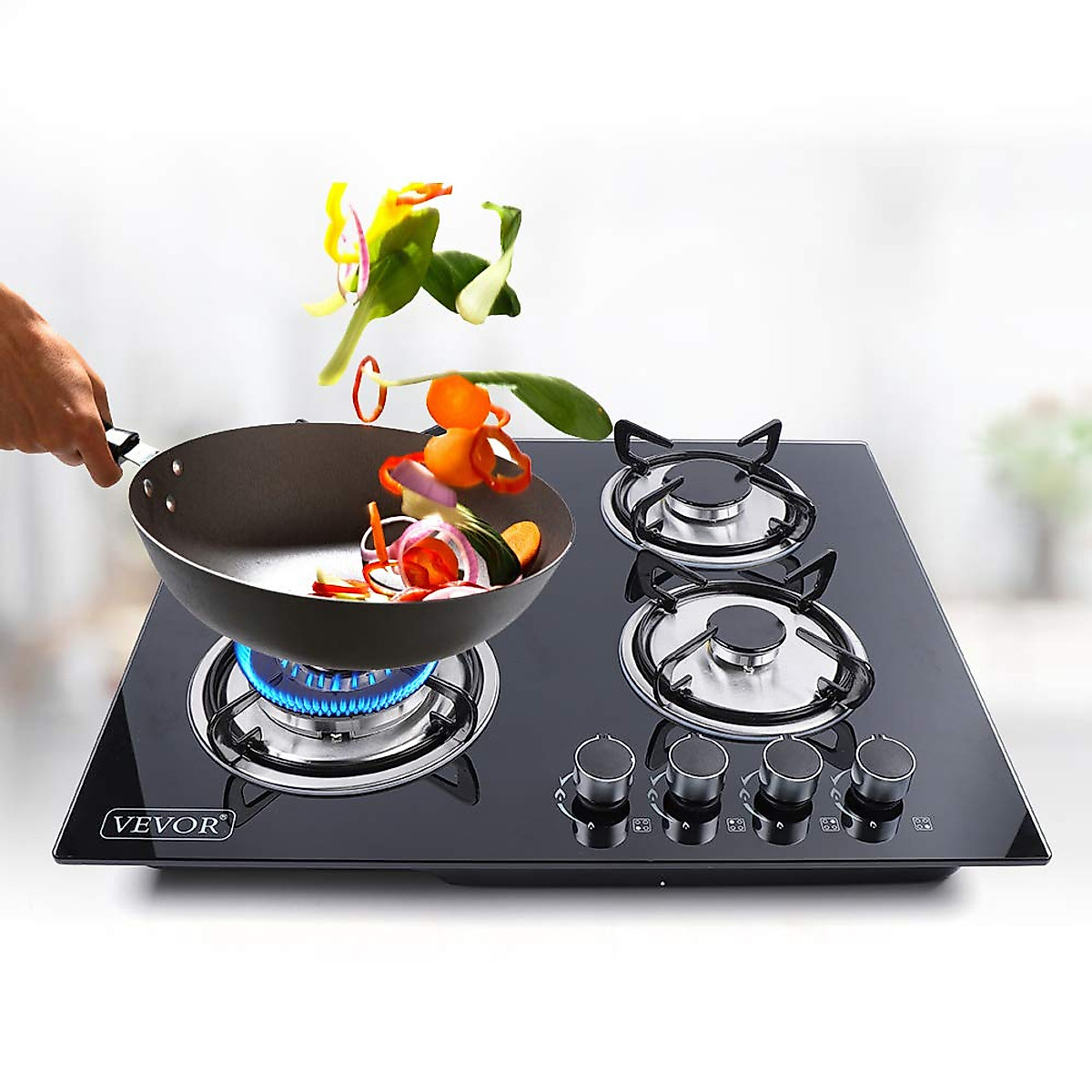 23.3 inches Built in Gas Cooktop 4 Burners Gas Stove Glass Cooktop Tempered Gas Hob With Liquid Propane Conversion Kit Stove Burner Cast Iron Grate Stove-Top LPG/NG Dual Fuel Thermocouple Protection