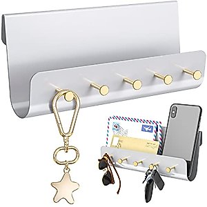 NiHome Silver Wall-Mounted Entryway Organizer - Mail Holder, Key Rack and Hanger with 5 Hooks for Home, Office, Hallway and Mudroom