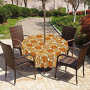 Autumn Damask Pattern round outdoor tablecloth,Round Tablecloth with Umbrella Hole and Zipper for Patio Garden,Waterproof Spill-Proof,for patio table with umbrella(72" Round,Dark Mustard and Paprika)