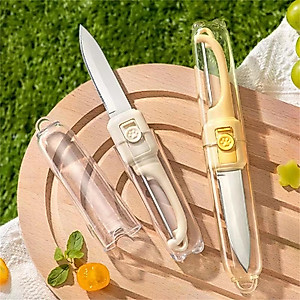 Multifunctional 2-in-1 Fruit Knife, Stainless Steel Fruit Knife with Built-in Peeler and Protective Case, Suitable for Picnics, Camping and Travel. (White)