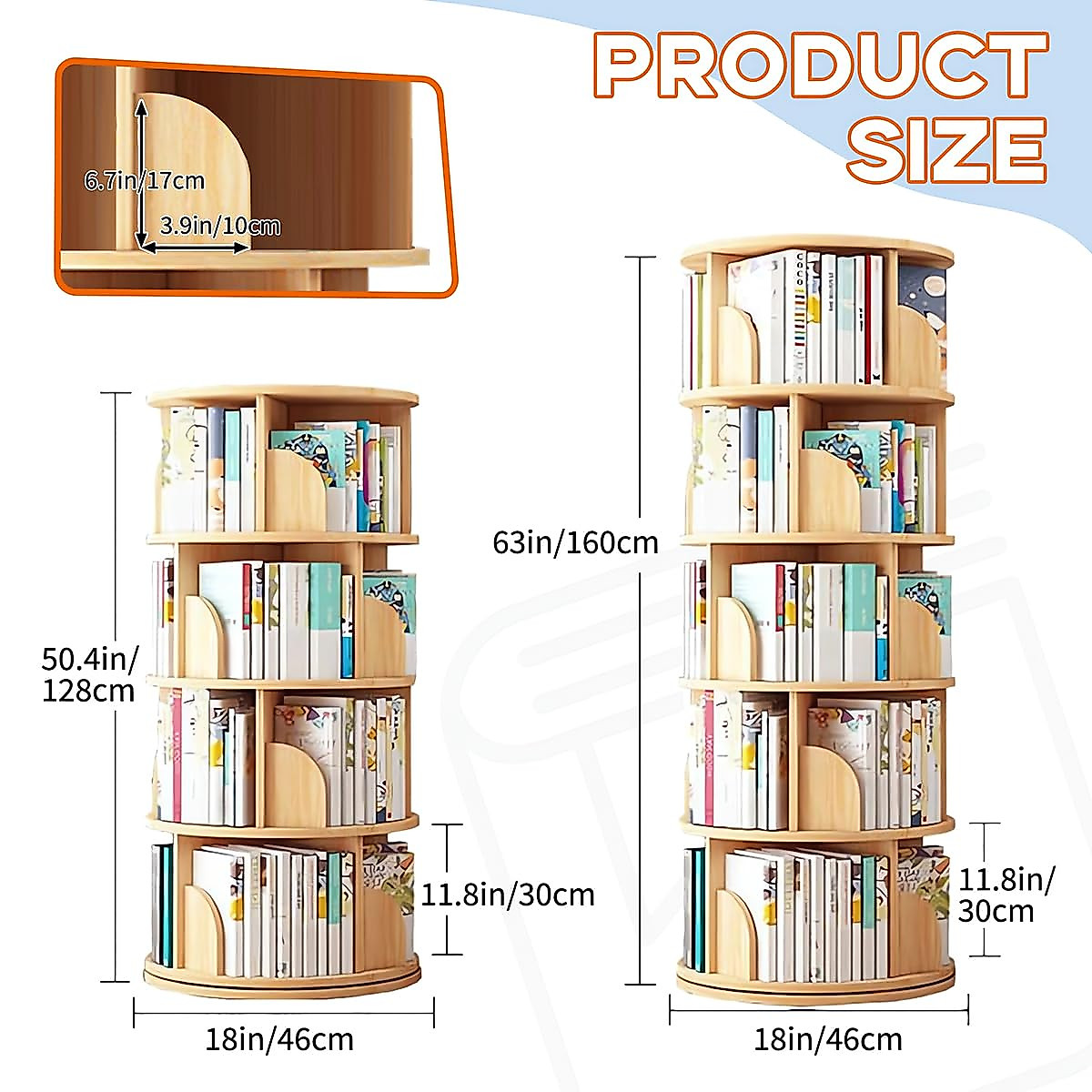 Rotating Bookshelf Tower, 4/5 Tier Circular Bookshelf for Kids&Adults, 18 in Wood 360° Floor Standing Book Storage Rack, Spinning Bookshelf Tower for Classroom Playroom Study Bedroom (White, 1-5)