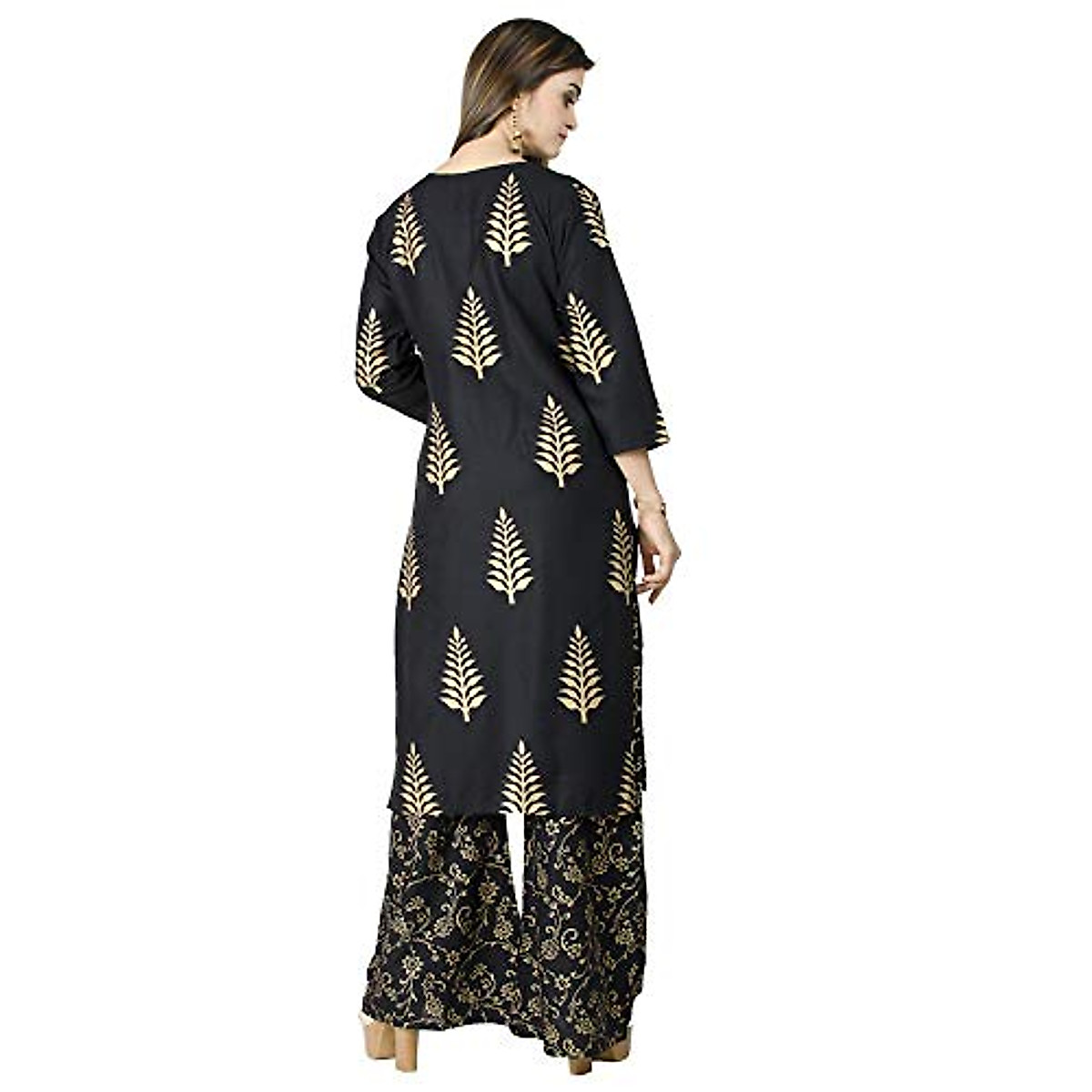 Chandrakala Gold Foil Printed Kurti Palazzo Set for Women Rayon Indian Ethnic Tunic,Small (K176BLA1)