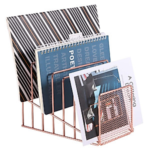 Simmer Stone Incline File Sorter, 7 Slot Magazine Holder for Letter, Document, Folder and Book, Metal Desktop Organizer Rack for Home, School and Office, Rose Gold