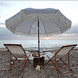 AMMSUN 7ft Patio Umbrella with Fringe Outdoor Tassel Umbrella UPF50+ Premium Steel Pole and Ribs Push Button Tilt,Navy Blue Stripes