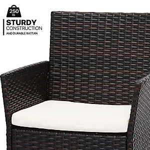 MoNiBloom 3 Pieces Patio Furniture Set, Outdoor Conversation PE Rattan Furniture Front Porch Set with Washable Cushion and Tempered Glass Tabletop for Garden Poolside Balcony, Capacity 250 lbs, Brown