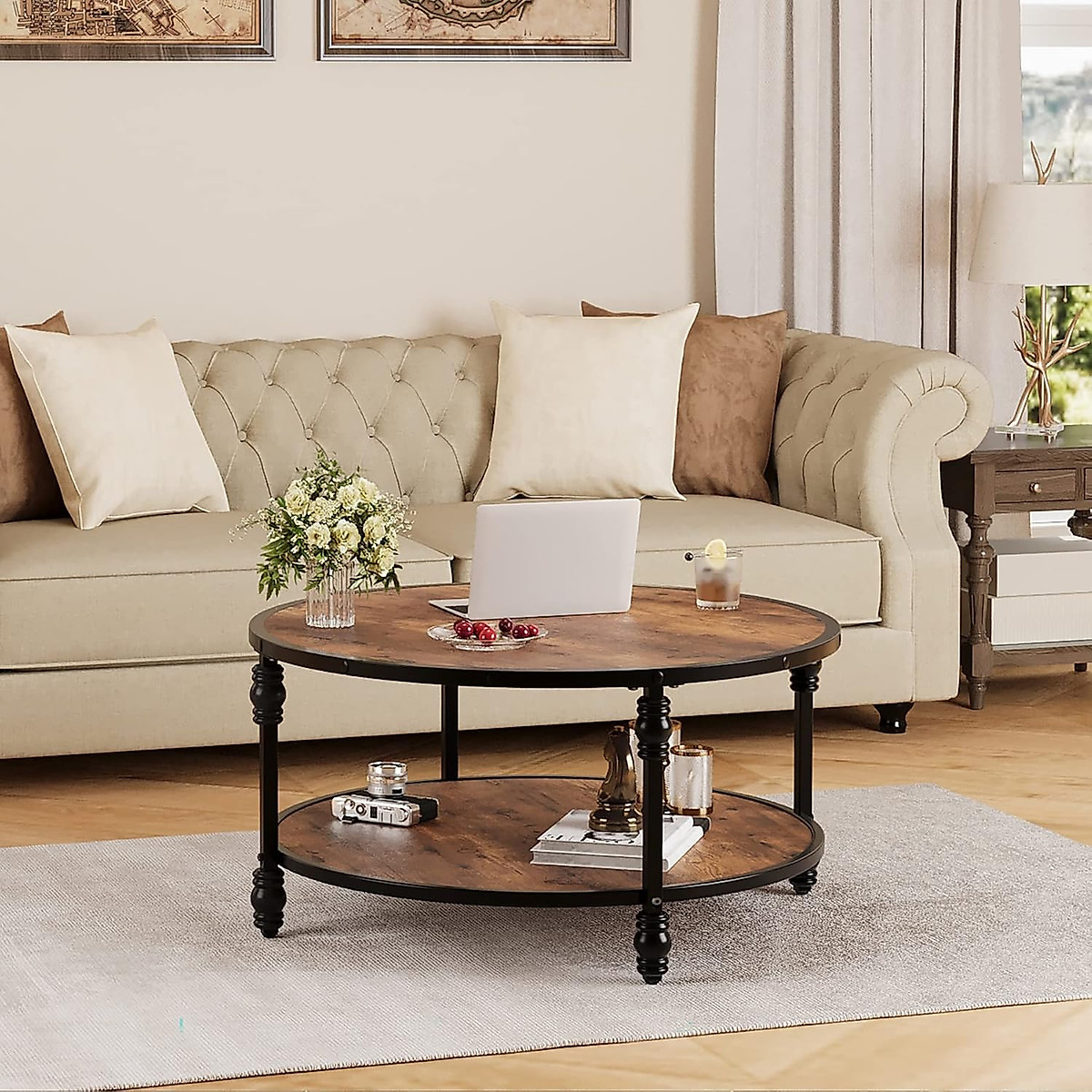 IDEALHOUSE Round Coffee Table for Living Room Rustic Center Table with Storage Shelf Wood Circle Coffee Table with Sturdy Metal Legs, Easy Assembly