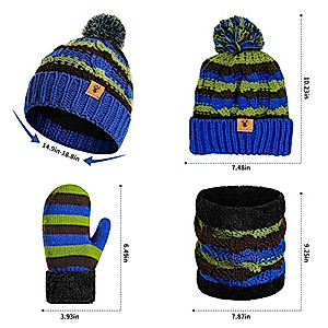 Kids Winter Pompom Beanie Hat Scarf Gloves Set for Boys&Girls Age 3-8, Fleece Lined Skull Cap Neck Warmer Mitten Set Blue