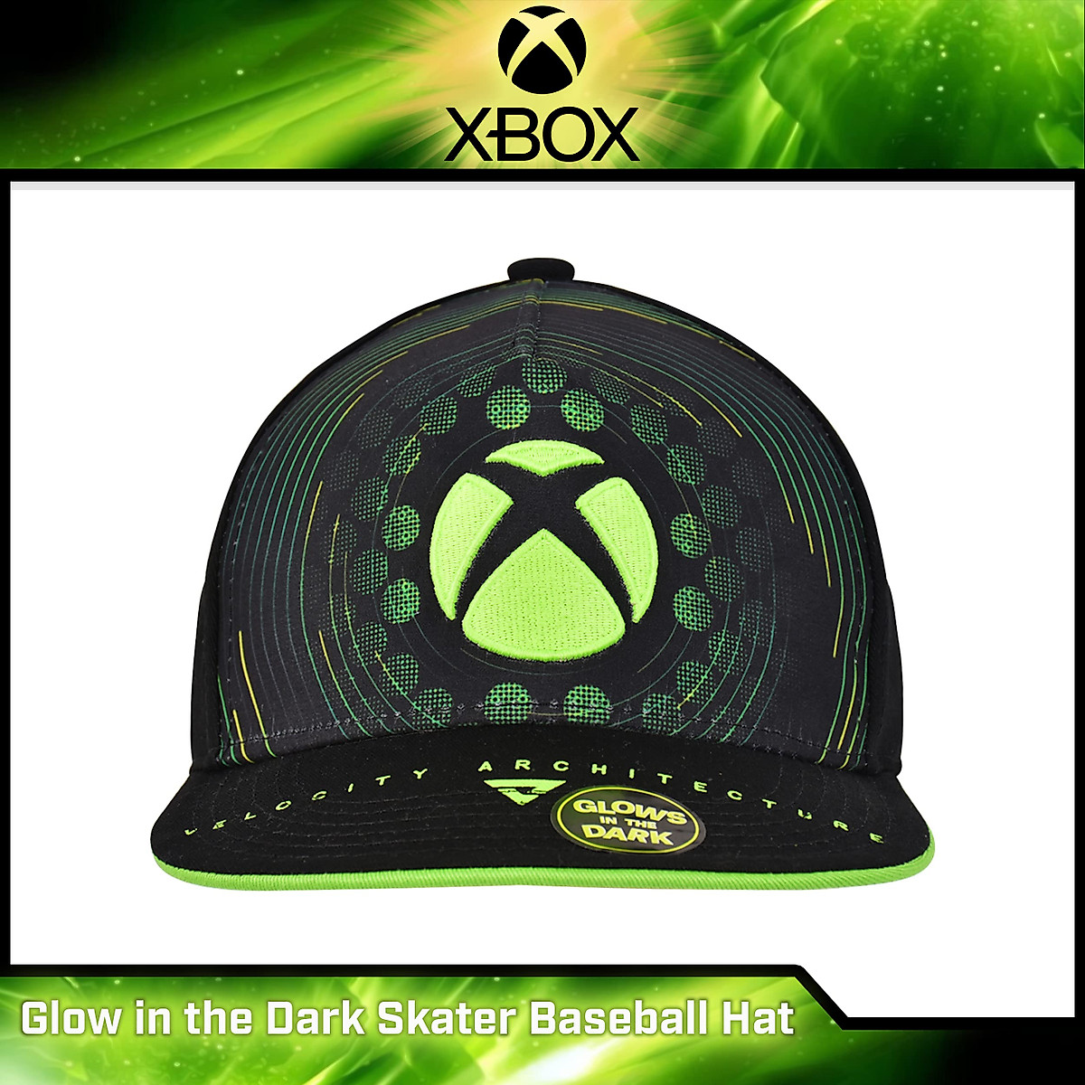 Microsoft Xbox Baseball Hat, Glow in The Dark Skater Adult Snapback Cap with Flat Brim, Green/Black, One Size
