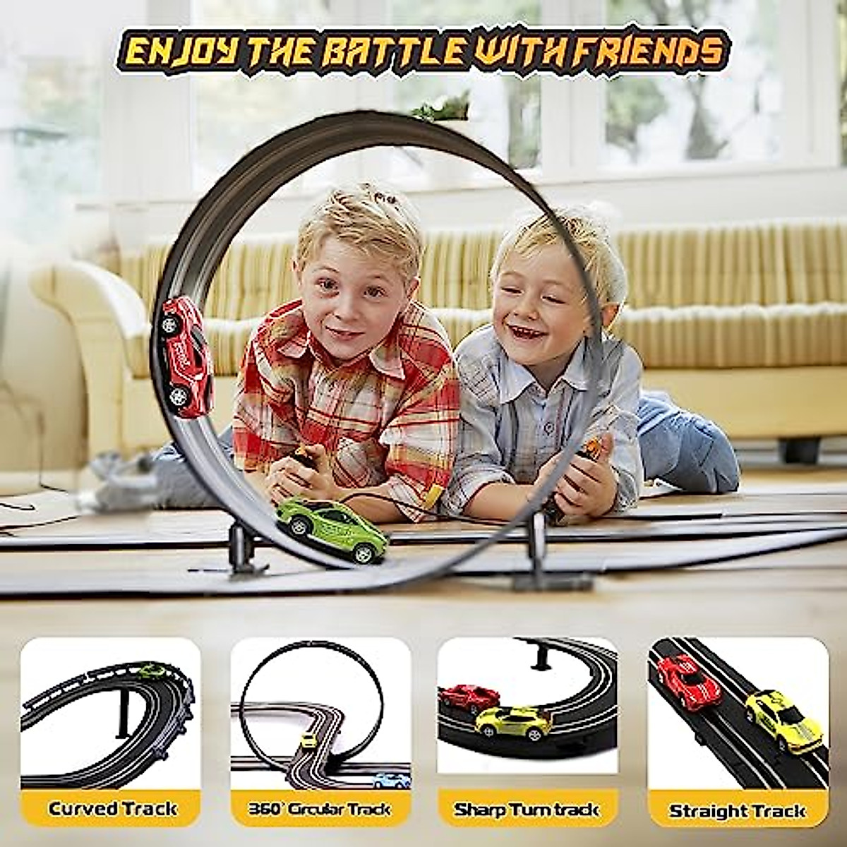 Slot Car Race Track Sets Toys for Kids with 4 Slot Cars & 22 FT Dual Racing Game Lap Overpass Track, High-Speed Race Car Track Toys for Boys, Gifts for 5 6 7 8 9 10 11 12+ Boys Girls