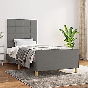 vidaXL Bed Frame, Upholstered Platform Bed with Headboard, Single Bed Base with Plywood Slats Support for Bedroom, Dark Gray 39.4"x74.8" Twin Fabric