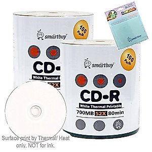 Smartbuy 200-disc 700mb/80min 52x CD-R White Thermal Hub Printable Recordable Disc + Free Micro Fiber Cloth