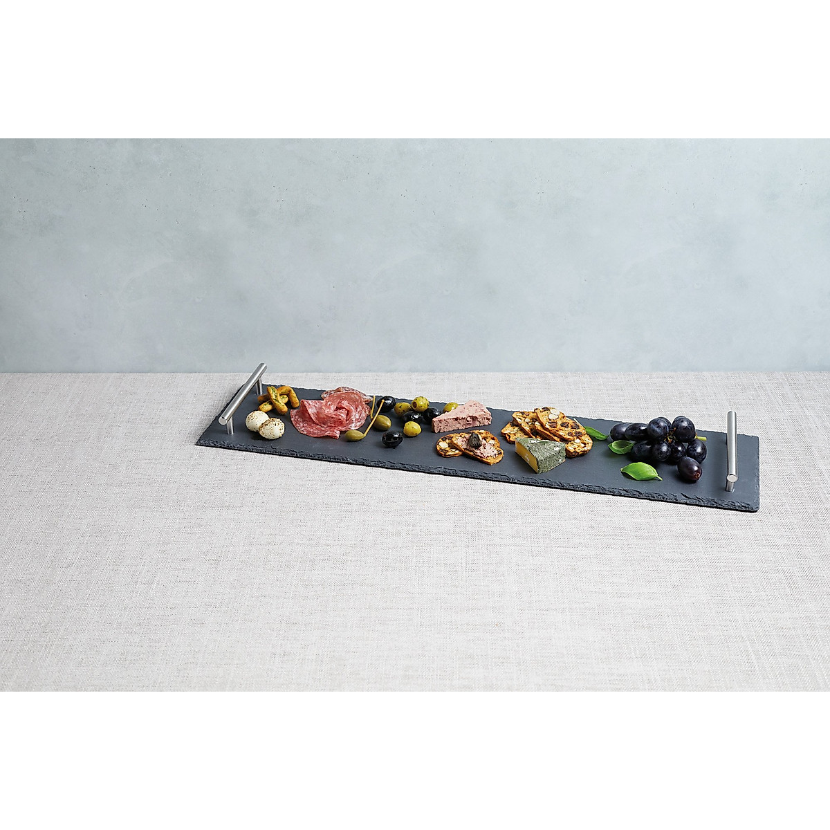 Artesa Tableware, Slate Serving Platter with Brushed Metal Handles, 60 x 15cm, with Gift Box