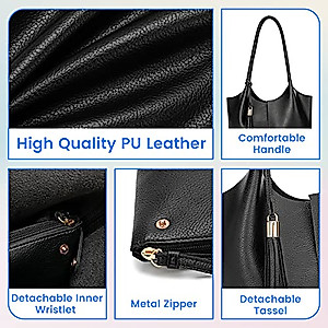 Keyli Hobo Bags for Women Set Waterproof Leather Shoulder Handbags Large Capacity Cute Tote Bag Shopping Travel Casual Top Handle Purse Solid Messenger Wallet with Tassel Black