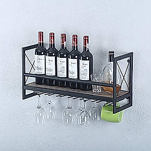 MBQQ Industrial Wine Racks Wall Mounted with Stemware Racks,23.6in Rustic Metal Hanging Wine Holder,Bottle Holder with 7 Stem Glass Holder,Metal&Wood Shelves Home Decor Wall Shelf