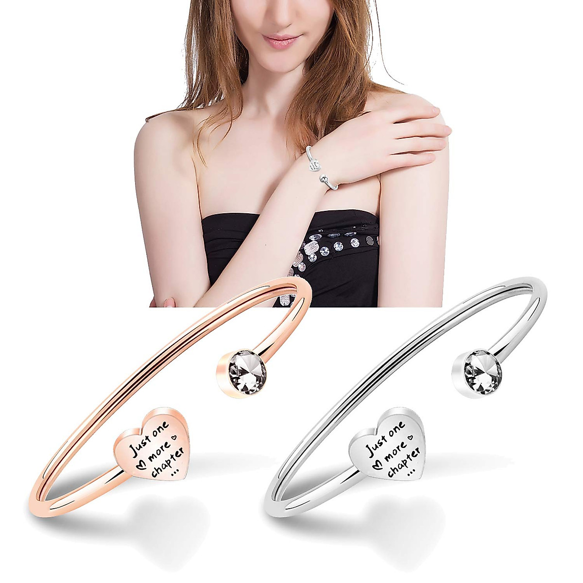 PLITI Bookworm Gift Just One More Chapter Open Cuff Bangle Book Lover Reader Librarian Teacher Jewelry Gift (Just One More Chapter Bracelet)