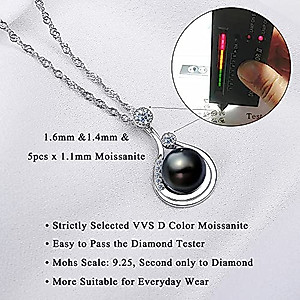QuakerBrid South Sea Tahitian Cultured Genuine Black Pearl Necklace VVS D color Moissanite and AAAA Quality 10mm Round Black Pearl Pendant Necklace 18K Gold Plated Sterling Silver Gift for Women Wife