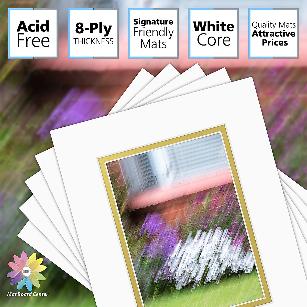 Mat Board Center, Double Mat - Acid Free, 8-ply Thickness, White Core - for Pictures, Photos, Framing (Off White Over Gold, 8x10 for 5x7, Pack of 5)