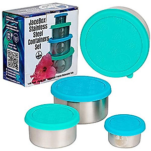 JaceBox Stainless Steel Snack Containers Set - Leakproof Lunch Containers for Lunchbox Blue & Green Turtle Silicone Lid PLASTIC FREE & BPA FREE - EASY to OPEN Flexible Unbreakable Lids! by JaceBox