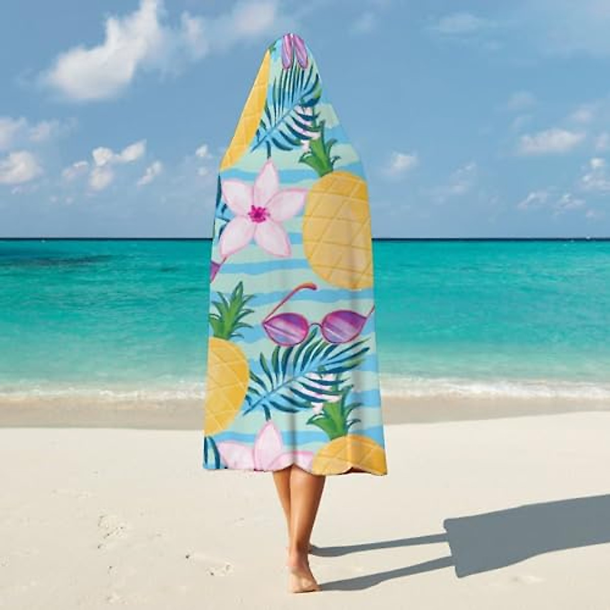 TaoYTao 60"x80" Women Summer Pineapple Fruit Pattern Blanket Hoodie, Foldable Wearable Funny Hooded Blanket Robe Cloak, Christmas Birthday Gifts Anniversary For Wife Girlfriend Women