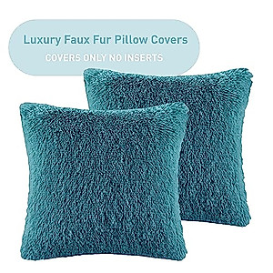 Hyde Lane Luxury Faux Fur Throw Pillow Covers | Soft Fluffy Fuzzy Cushion Cover | Plush Pillows Case for Couch Sofa Bed Aesthetic Room Decor, 18”x18”, 2 Pack, Teal