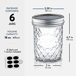 Paksh Novelty Mason Jars 16 oz - 6-Pack Quilted Wide Mouth Glass Jars with Lid & Seal Bands - Airtight Container for Pickling, Canning, Candles, Home Decor, Overnight Oats, Fruit Preserves