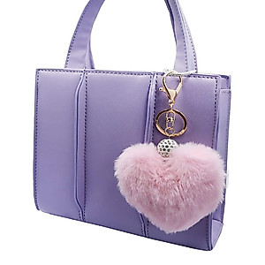 Women's Heart Faux Fur Pom Pom Key Chains Bag Accessory Puffball Keyring Backpack Charms for Girls(pink)