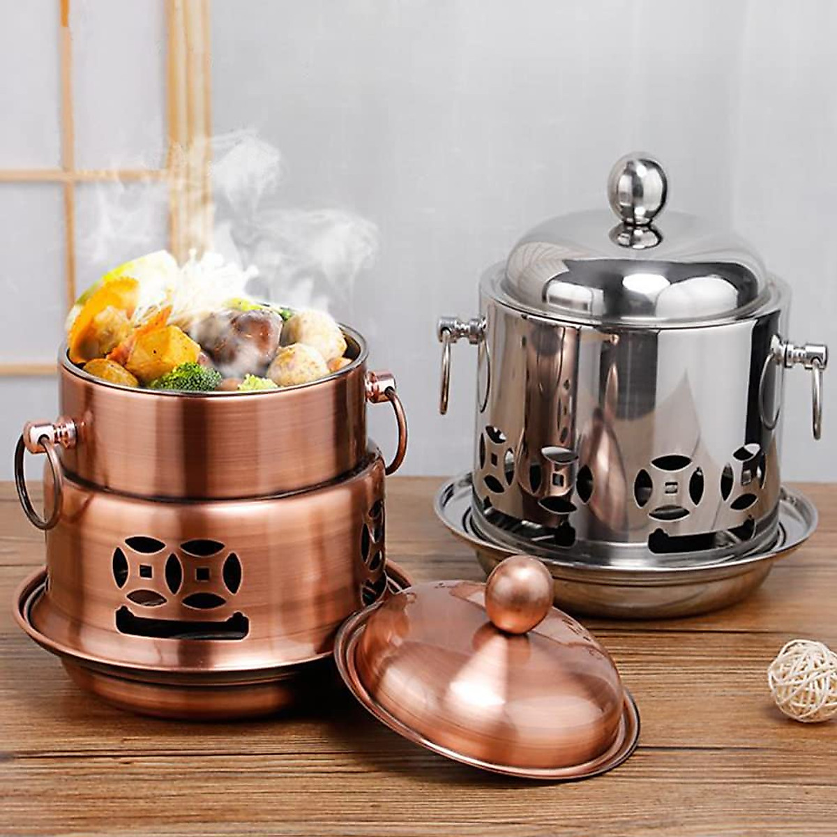 2 Pack Shabu Shabu Copper Hot Pot Stove Mini Hotpot Pan Stainless Steel Chafing Dishes Alcohol Pot Cooker Single Home Kitchen Cookware, Not Incluede Fuel(Red Copper)